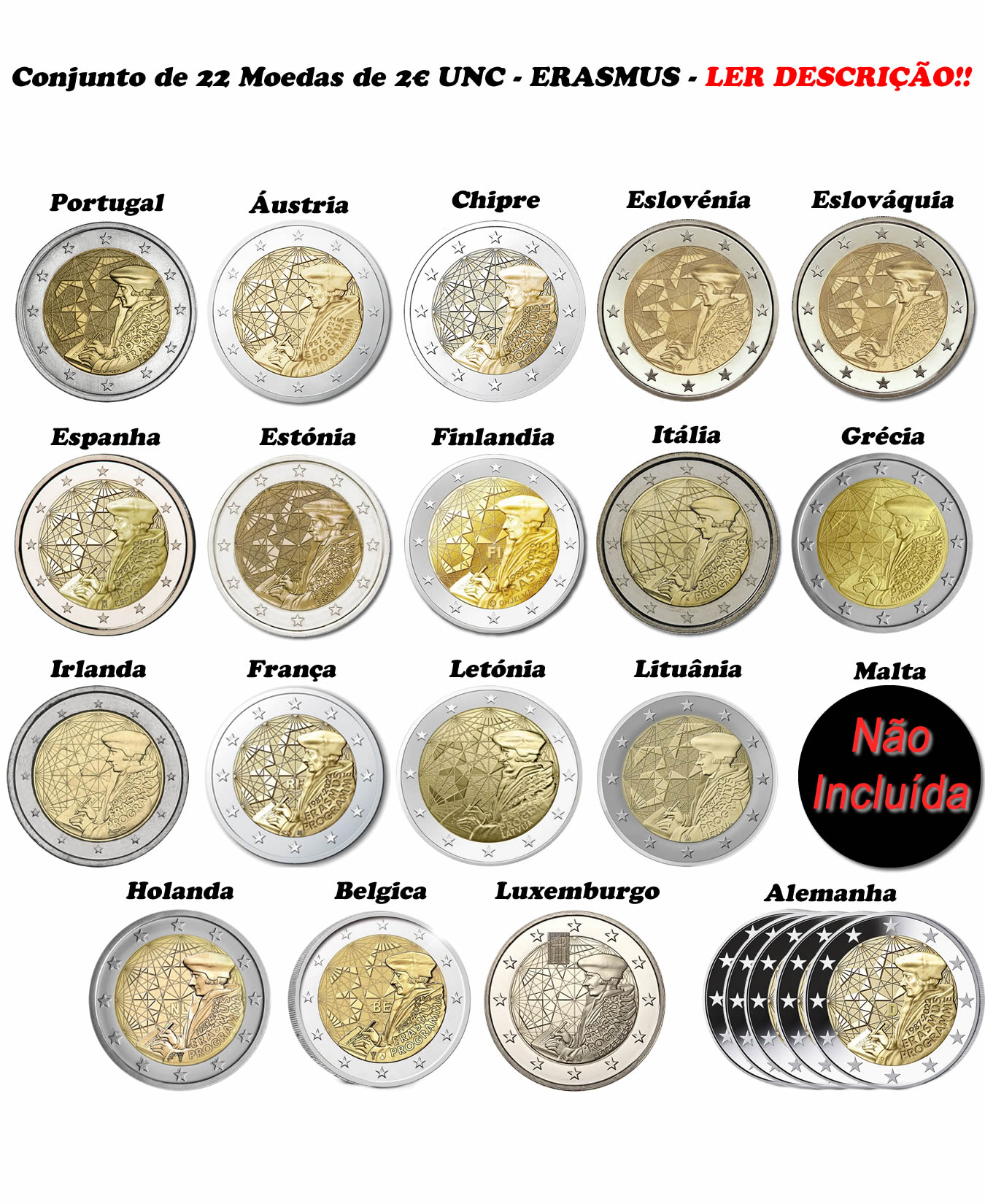 Conjunto 22 moedas 2€ Erasmus 2022 - Ler Descrição! - Mania das Moedas
