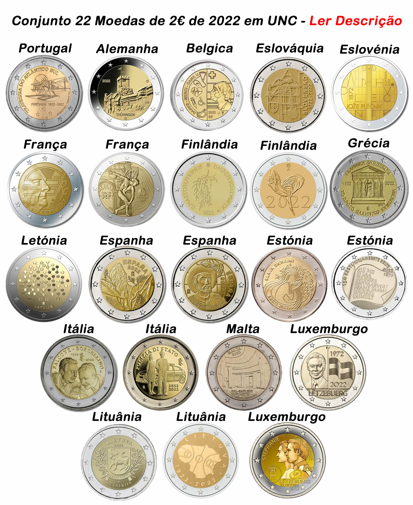 Conjunto 22 moedas 2€ de 2022 - Ler descrição! - Mania das Moedas